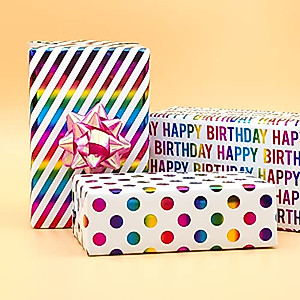 LDGOOAEL Mini Short Birthday Wrapping Paper Roll - 17" X 120" Per Roll - Colorful Foil with Stripes, Dots & Happy Birthday Lettering Gift Wrapping Paper for Holiday, Birthday, Wedding, Baby Shower