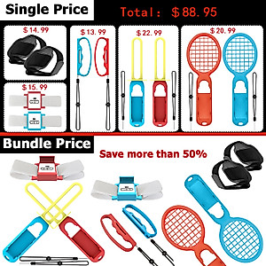 Ermorgen Switch Sports Accessories Bundle, 10 in 1 Kit for Switch Sports Games, with Joycon Fencing Grip for Chambara Game, Leg Straps & Hand Strap, Tennis Badminton Rackets and Bowling Grip