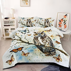 CCoutueChen Owl Bedding Set Queen Size for Girls Boys Kids 3D Animal Printed Comforter Set White Blue Butterfly Bedding Sets 3 Piece Soft Microfiber Down Alternative Comforter Sets with 2 Pillowcases