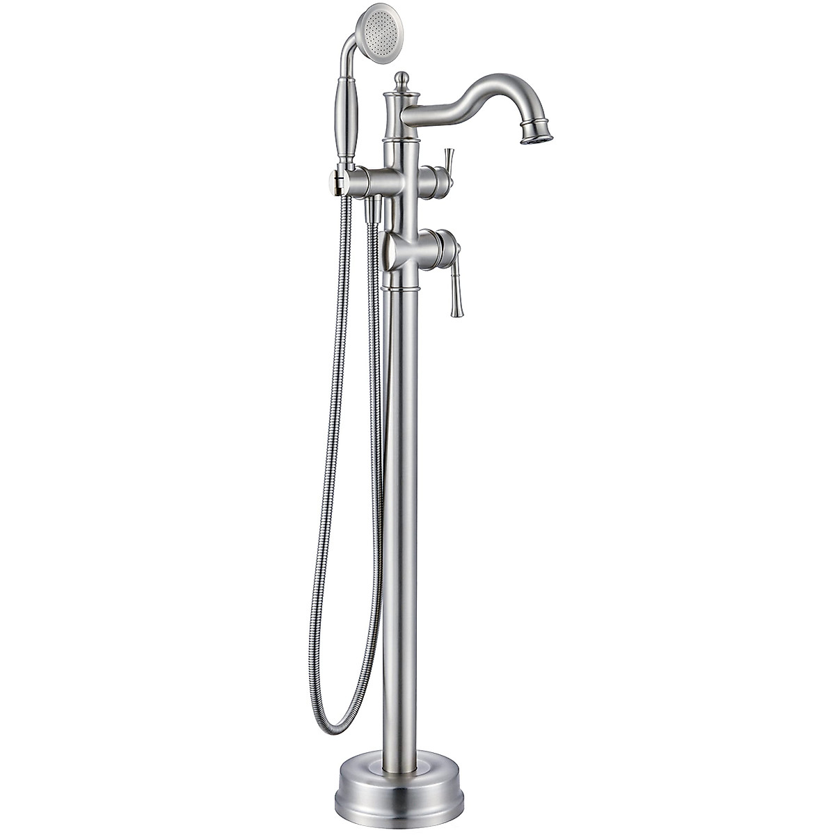 WINKEAR Freestanding Floor Mount Tub Filler with Handheld Shower Roman Bathtub Faucet by Brushed Nickel Finish, Swivel Spout with Brass Rough-in and Water Hose