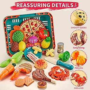 Comirth Pretend Play Food Sets for Kids Kitchen 61Pc, Storage Basket Cutting Toy Food, Fake Food for Toddlers, Play Kitchen Accessories Toys with Fruits Vegetables, Educational Gift for Girls Boys