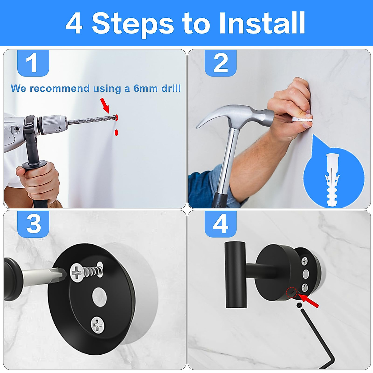 Budding Joy Towel Hooks for Bathrooms, Black Towel Hook Wall Mounted, Durable Stainless Steel Towel Hanger with Sleek Look, Heavy Duty Wall Hook for Hanging Coat Robe, Easy to Clean, 4-Pack