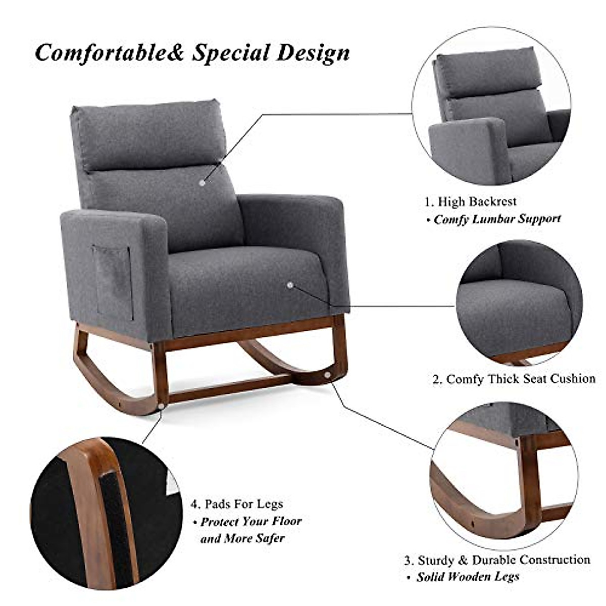 Artechwoks Rocking Chair Mid-Century Modern Fabric Nursery Rocker Armchair Upholstered High Tall Back Retro Accent Glider Rocker with Wood Base Padded Seat Comfortable for Living Room Bedroom, Grey