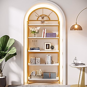 Tribesigns White and Gold Arched Bookshelf 5 Tier Bookcase, Gold Shelves for Living Room Freestanding Tall Display Shelf, Decorative Shelf for Bedroom