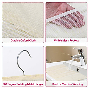 Hanging Mess Pockets Dual Sided Wall Shelf Wardrobe Organizers Storage Bags,Closet Hanging Organizer with 36 Mesh Pockets & Rotating Metal Hanger,for Bra Underwear Underpants Shoes Sock (Beige)