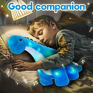 Houwsbaby 14" Blue Musical LED Dinosaur Stuffed Animal Floppy Diplodocus Plush Toy Singing Light Up Adorable Long Neck Lullaby Animated Soothe Baby Birthday Christmas Halloween for Kids Boy Toddlers