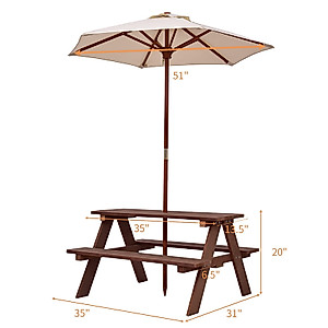 BETTARY Kids Picnic Table, Wooden Toddler Activity Table with Removable Umbrella, Children Backyard Furniture for Patio, Garden, Gift for Girls & Boys, Kids Table and Bench Set for Outdoors Indoors