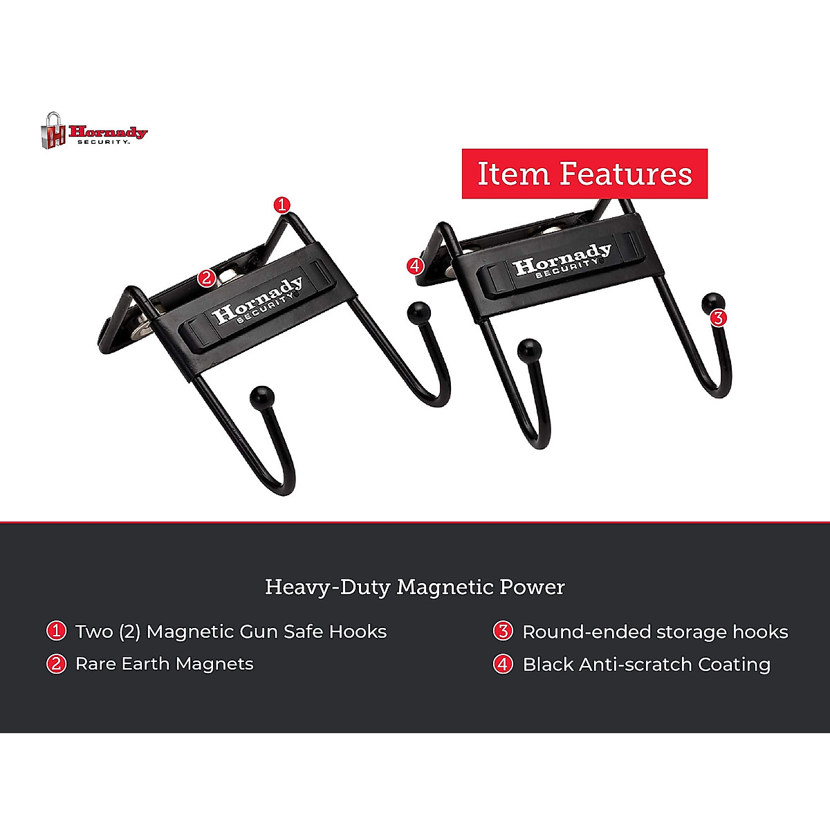 Hornady Magnetic Safe Hooks 95911, 2 Pack - Two-Pronged Hook with Non-Scratch Coating and Heavy Duty Magnets Rated for 35 Pounds Securely Organize Your Gear, Gun Case, Binoculars, Range Bags, & More