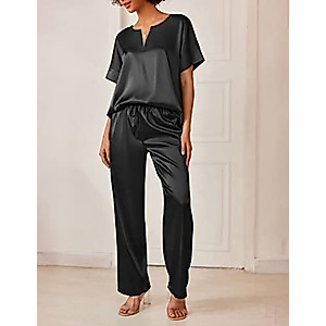 Ekouaer Silk Pj set for Women Satin Short Sleeve Pajamas Long Pant Soft Sleepwear Silky Pocktes Loungewear Black