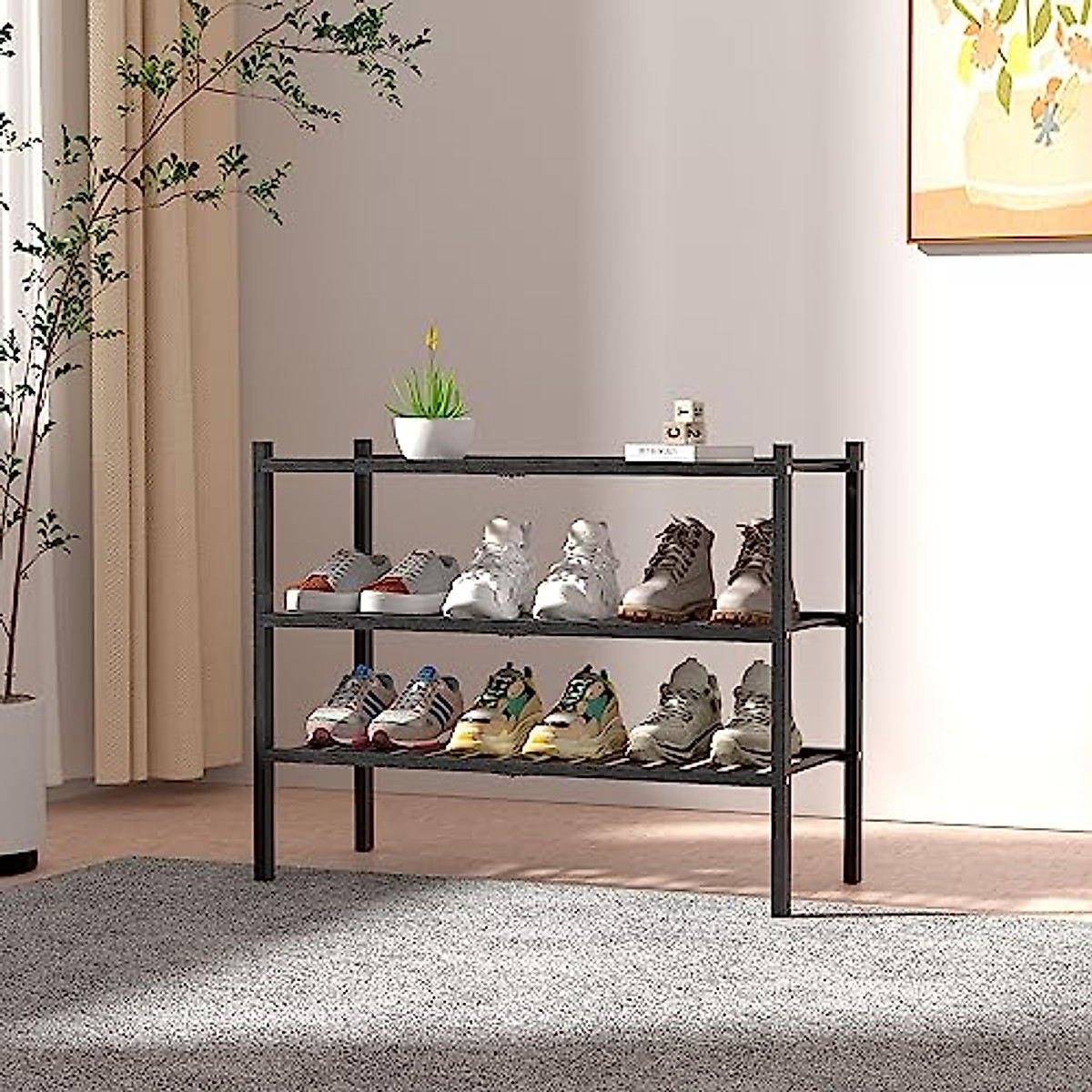 ROMGUAR CRAFT 3 Tier Bamboo Shoe Rack for Closet Free Standing Wood Shoe Shelf for Entryway Small Space Stackable 27"x11"x20" (Black)