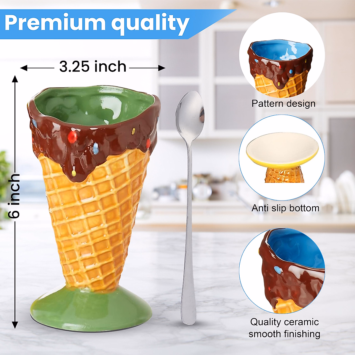 Kovot Ceramic Dessert & Ice Cream Cone Set - Includes 4 Ceramic Cones And 4 Metal Spoons