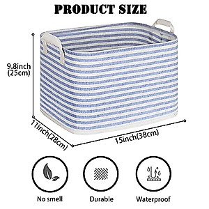 PFFVRP Storage Bins, Foldable Fabric Closet Storage Basket with Dual Handles, Strudy Storage Baskets for Shelves, Storage Boxes for Organizing, 3-Pack (Blue Stripes)