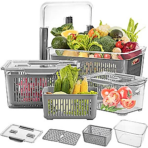 Cedilis 3 Pack Fresh Container, Produce Saver Container for Refrigerator, Vegetable Fruit Storage Container, Fridge Storage Organizer Bins with Divider, Fridge Container Box, Grey（Not Dishwasher Safe)