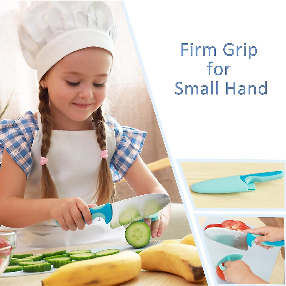 Kids Knife for Real Cooking, Montessori Children's Knife with Firm Grip, Stainless Steel Kids Safety Chef Knife with Finger Guard, Round Tip, Serrated Edges, BPA-Free (Blue)