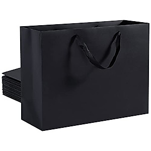 Katfort Large Black Gift Bag with Handles 12pcs, 16''×6''×12'' Extra Large Gift Bag with Ribbon Handles, Reusable Heavy Duty Kraft Black Paper Bags Bulk for Shopping, Wedding, Party, Gift, Retail