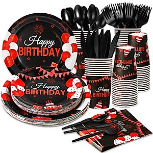 168 Pcs Black and Red Birthday Party Supplies Tableware Set Happy Birthday Plates, Knife,Forks,Spoons, Cups and Napkins Table Decorations for Women Girls Birthday Party Decorations, 24 Guests