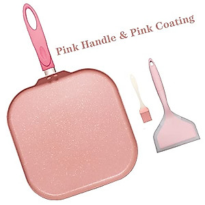 DXBVIEX Square Griddle Pan for Stove Top Nonstick, Flat Pan with Spatula & Brush, 11"X 11"(Pink)