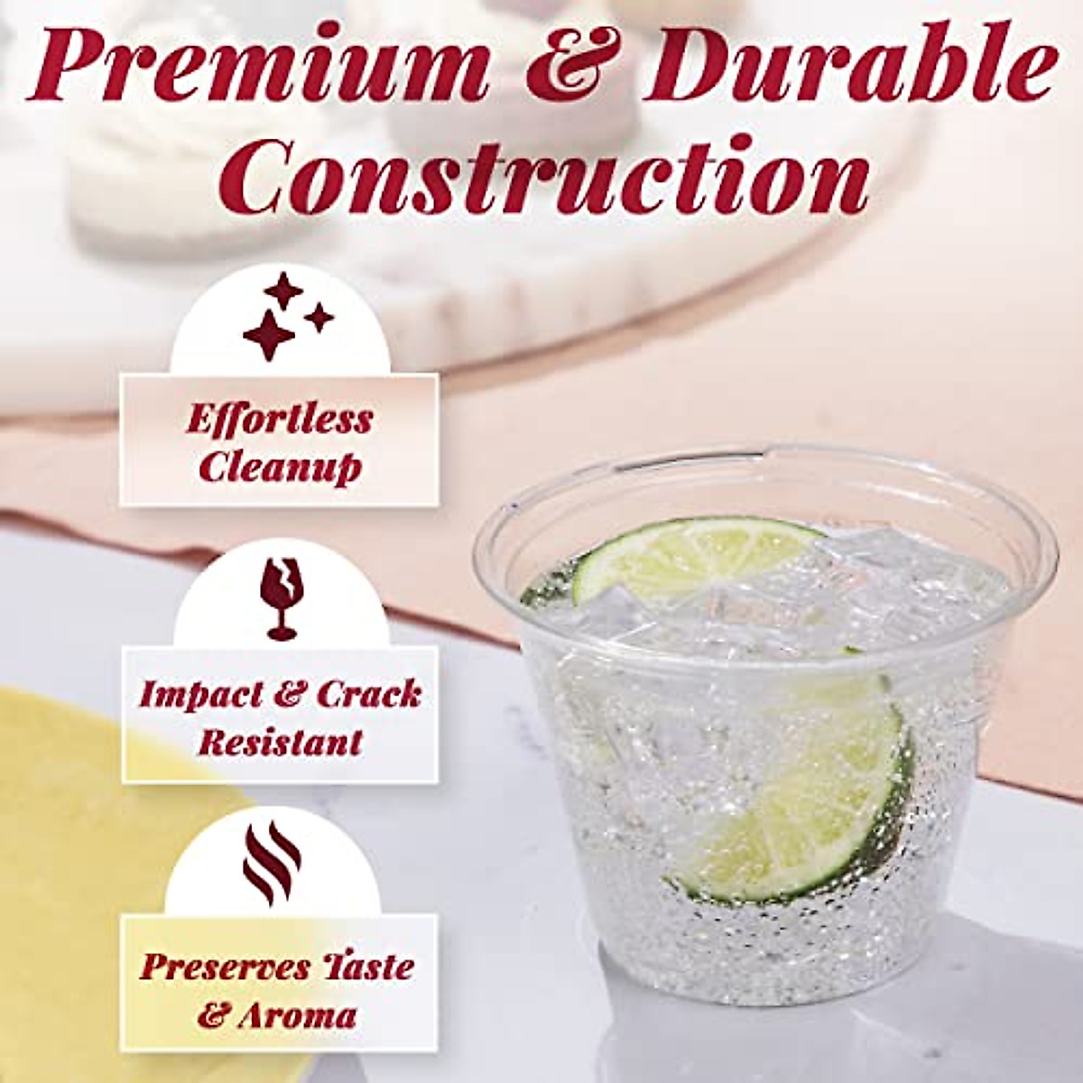 Prestee Clear Plastic Party Cups Disposable - PET Clear Water Plastic Cup Disposable - Plastic Wine Cups - Clear Disposable Cups - Small Cups - Plastic Drinking Cups (50ct 9oz)