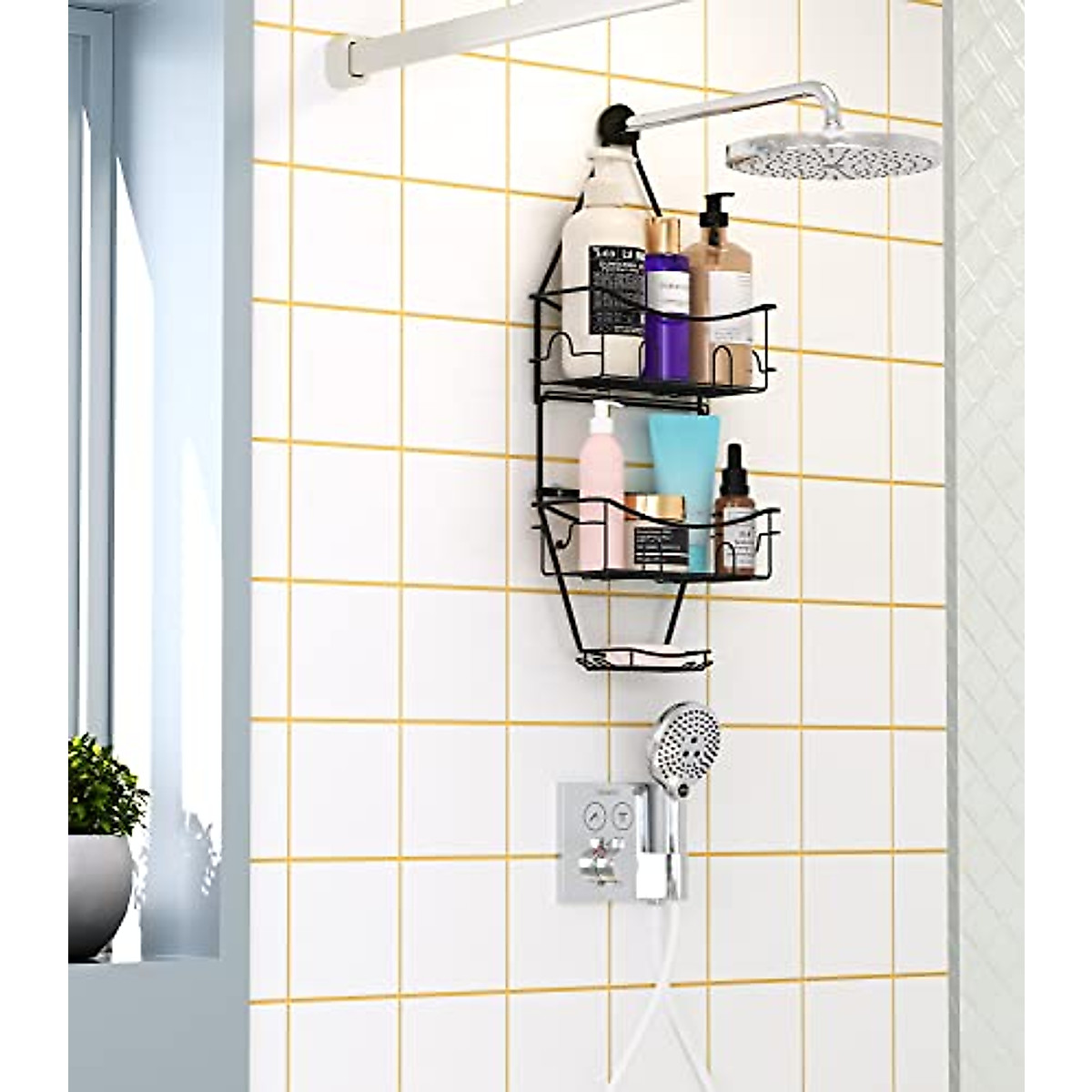 TARNABY Hanging Shower Caddy, Over Shower Head Rustproof Shower Organizer with Hooks for Razor and Bath Ball Brush (Black)
