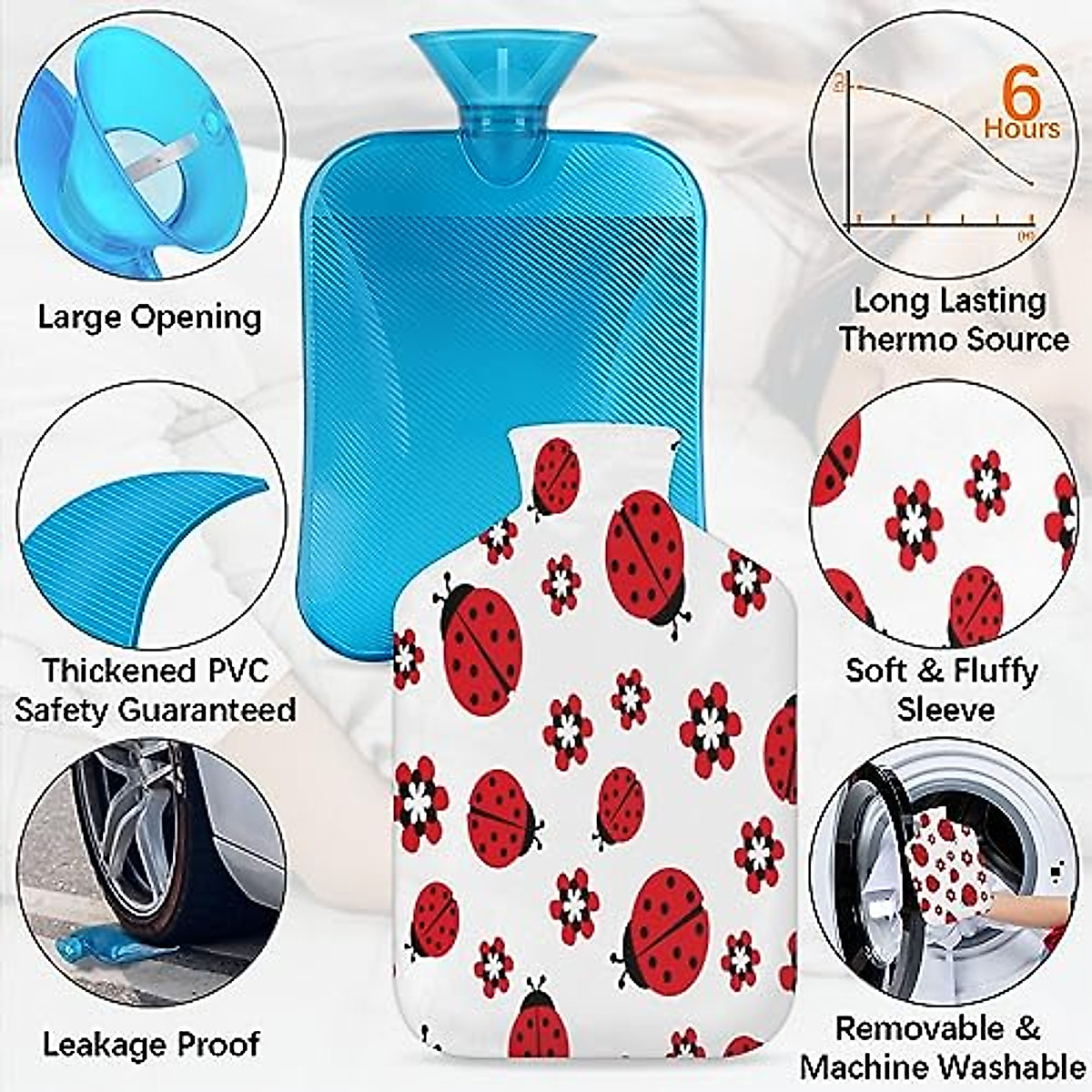 Red Ladybug Pattern Hot Water Bottle with Cover 2L Large Hot Water Bag for Menstrual Cramps, Neck and Shoulder Pain Relief, Hot Cold Therapy, Hand Feet Warmer
