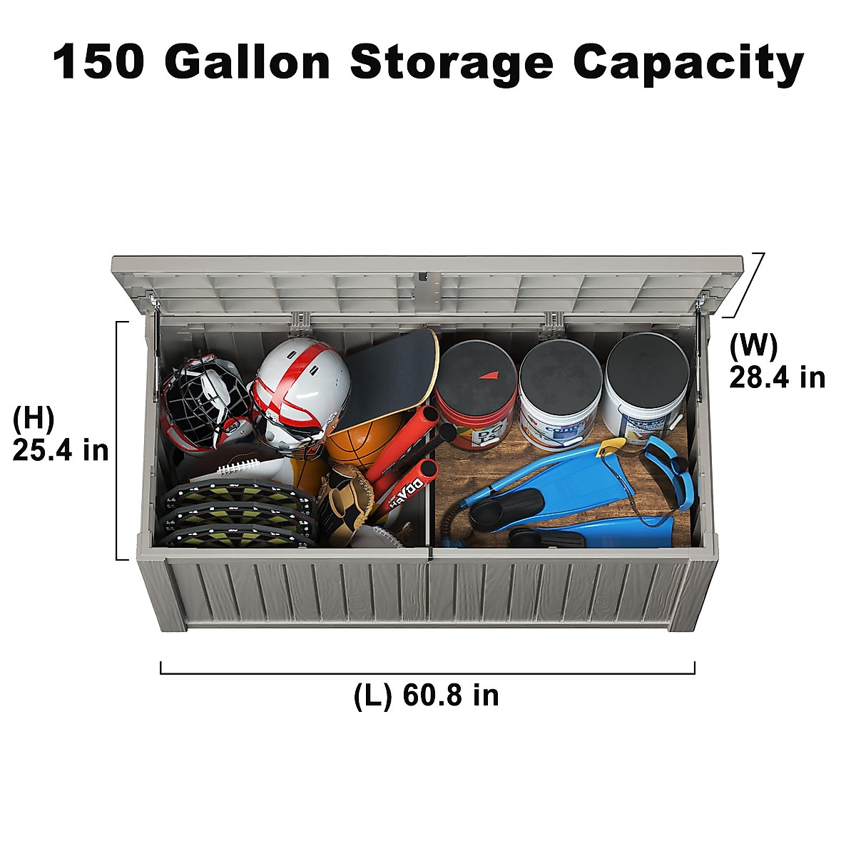 150 Gallon Waterproof Outdoor Resin Deck Box with Lockable Lid, Easy Assembly Features and Convenient Handles For Cushion, Pillows and other Patio Furniture (Grey)