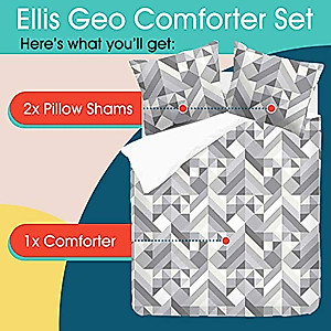 Refinery29 | Ellis Geo Bedding Collection | Modern Reversible Luxury Ultra Soft Comforter, All Season Premium 4 Piece Set with Geometric Printed Design (Full/Queen, Grey)