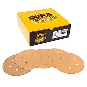 Dura-Gold Premium 80, 120, 220, 320, 400 Grit 6" Gold Sandpaper Discs, 6 Hole Pattern Dustless, 10 Each, 50 Total - Hook & Loop Backing for DA Sander, Sanding Automotive Paint, Woodworking Wood, Metal