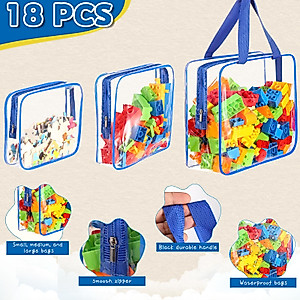 18 Packs Large Toy Storage Bags with Labels, Clear PVC Bags Travel Waterproof Kids Toy Organizer Bags with Zipper for Building Blocks Puzzle Kids Books (Blue)
