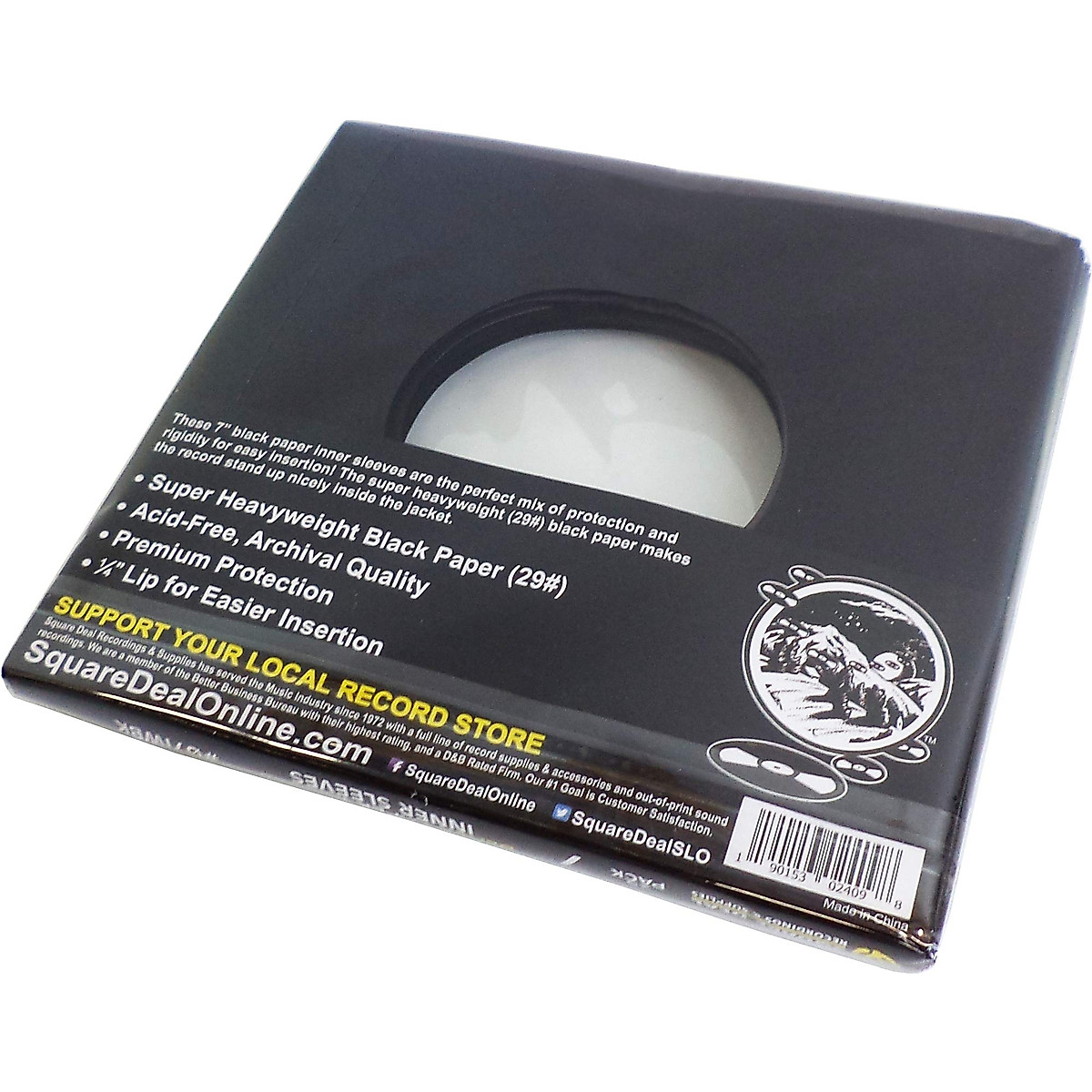Square Deal Recordings & Supplies - 7" 45pm Vinyl Record Inner Sleeves - Archival Quality, Super Heavyweight 29# Black Paper with Hole - Set of 25#07IWBK