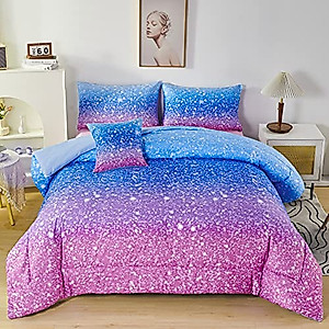 RYNGHIPY 6Pcs Sparkle Gradient Glitter Comforter Sets, Ombre Indigo Pink Gradient Bedding Set for Boys Girls, Rainbow Bed in A Bag Twin Size