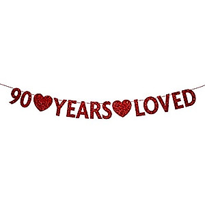Red 90 Year Loved Banner, Red Glitter Happy 90th Birthday Party Decorations, Supplies