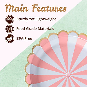 Confettiville Party Paper Plates, 50-Pack, Disposable Paper Plates, Gold Foil Scalloped Edge, Striped Pastel, 6 Colors, 9-Inch