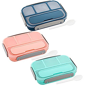 Okllen 3 Pack Bento Lunch Boxes with Spoon and 4 Compartment, Plastic Meal Prep Containers with Lids, Leakproof Food Storage Snack Container for Adults, Work, Home, 3 Colors
