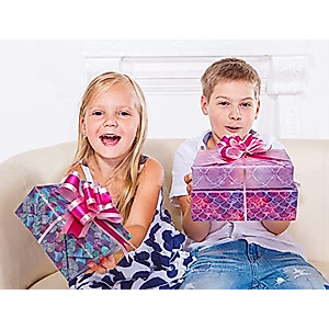 BULKYTREE Birthday Wrapping Paper with Cut Lines for Girls Boys Kids Women Men - 3 Large Sheets Galaxy Mermaid Scale Scallop Gift Wrap for Graduation Anniversaries - 27 Inch X 39.4 Inch Per Sheet