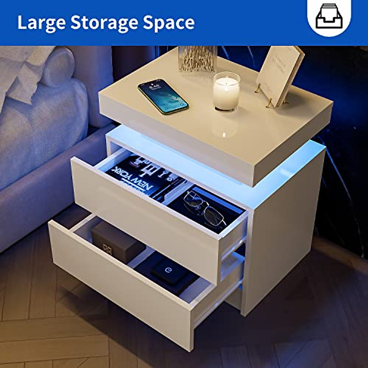 DobleCliCli LED Nightstand Set of 2, Modern End Side Table with 2 Drawers, 20.5" Tall LED Storage Cabinet, Bedside Furniture for Bedroom, Living Room, Salon and Office, White
