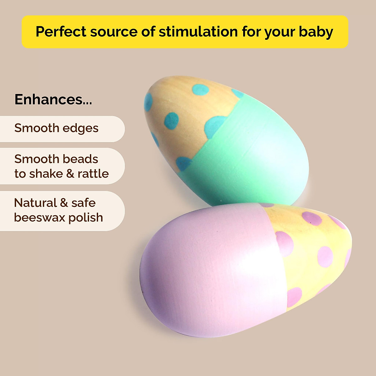 Shumee Wooden Egg Shakers for Babies (6 Months+) | Set of 2 Maraca Eggs (Teal & Purple Dots) | 8 cms | 100% Child Safe & Non Toxic | Musical Rattle Montessori Toy