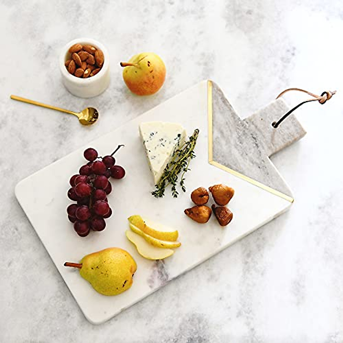 Boho 2-Tone Marble Charcuterie or Cutting Board with Brass Inlay and Leather Tie, Gray and White