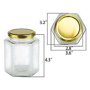 Encheng 16 oz Clear Hexagon Jars,Glass Jars With Lids(Golden),Mason Jars For Honey,Foods,Jams,Liquid,Spice Jars Herd Jars Canning Jars For Storage 12 Pack