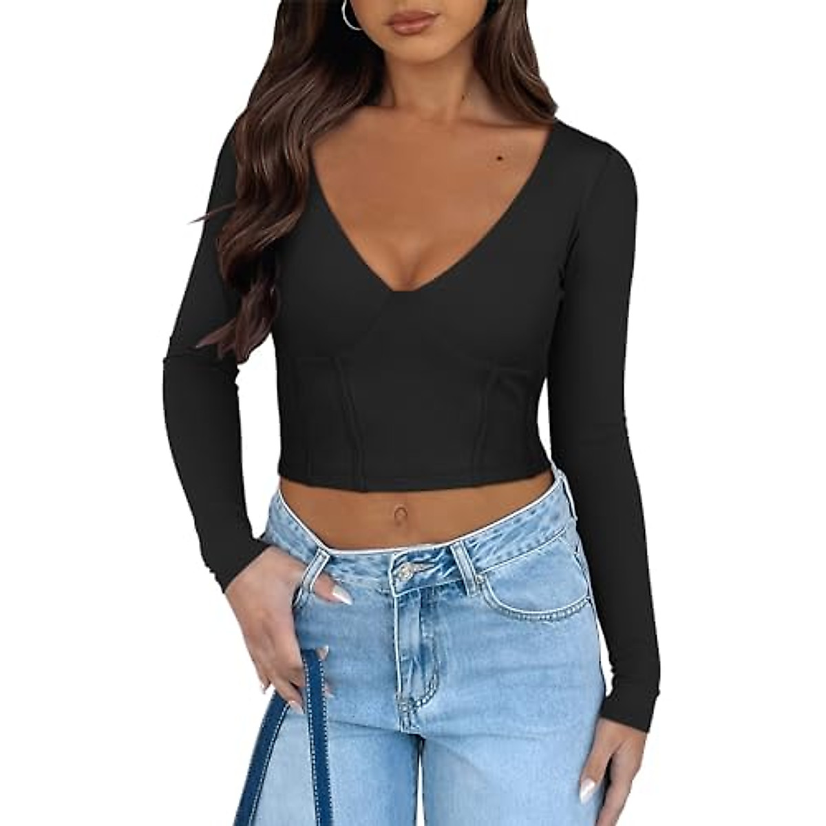 REORIA Women's Fall Sexy Casual Deep V Neck Double Lined Long Sleeve Tight Tops Tees Slim Fitted Cute Y2K Trendy Going Out Party Crop Top Black Large