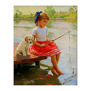 "A Girl & Her Dog" Inspirational Wall Art Print - 8x10" Vintage Summer Lake Painting For Home Decor, Living Room Decor, Office Decor, or Cabin Decor, Unframed