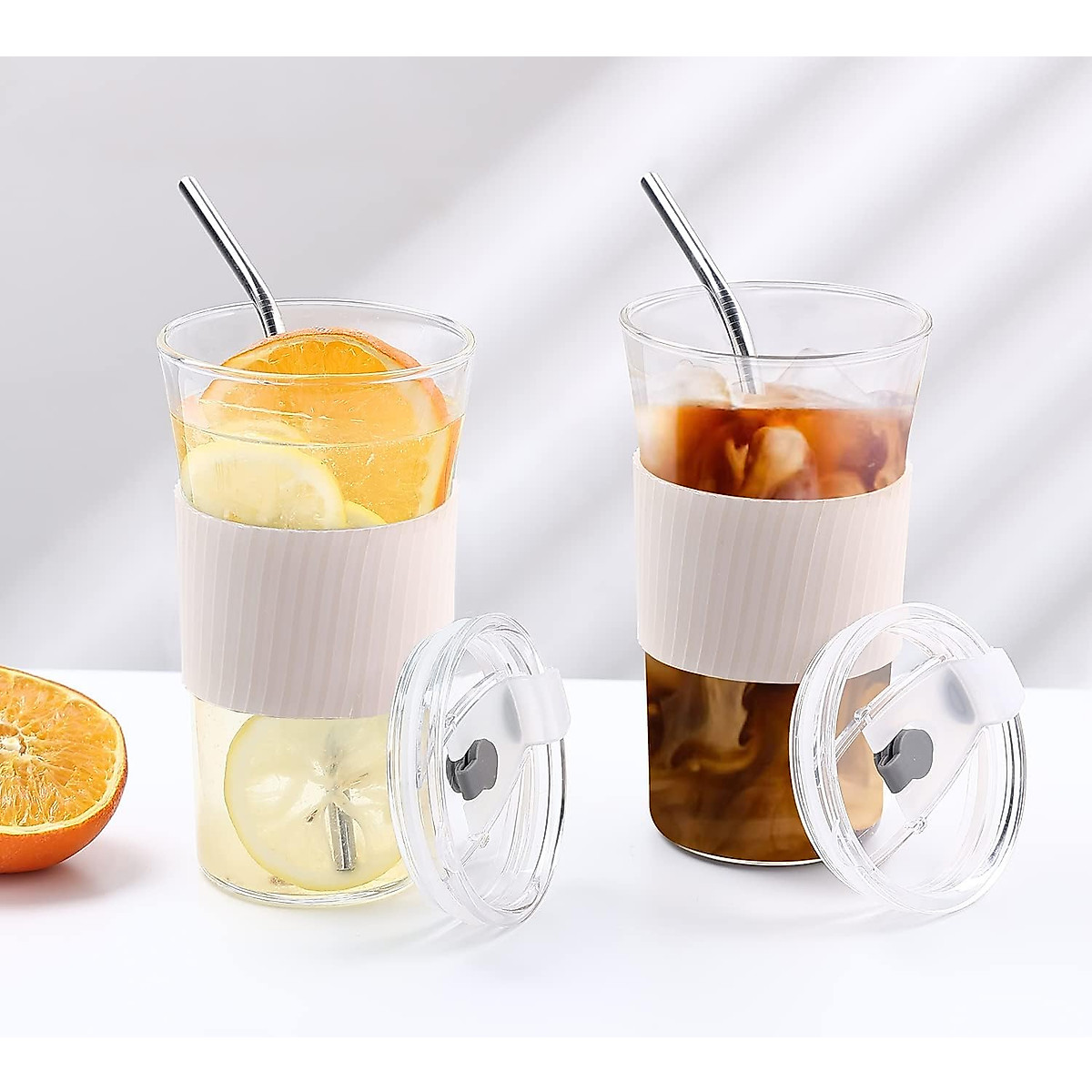 2 pcs Iced Coffee Cups with Lids, 16 oz Glass Cups with Lids and Straws, Reusable Tumbler with Silicone Sleeve, Wide Mouth Can Shaped Drinking Glasses for Coffee Juice Water Smoothie (White)