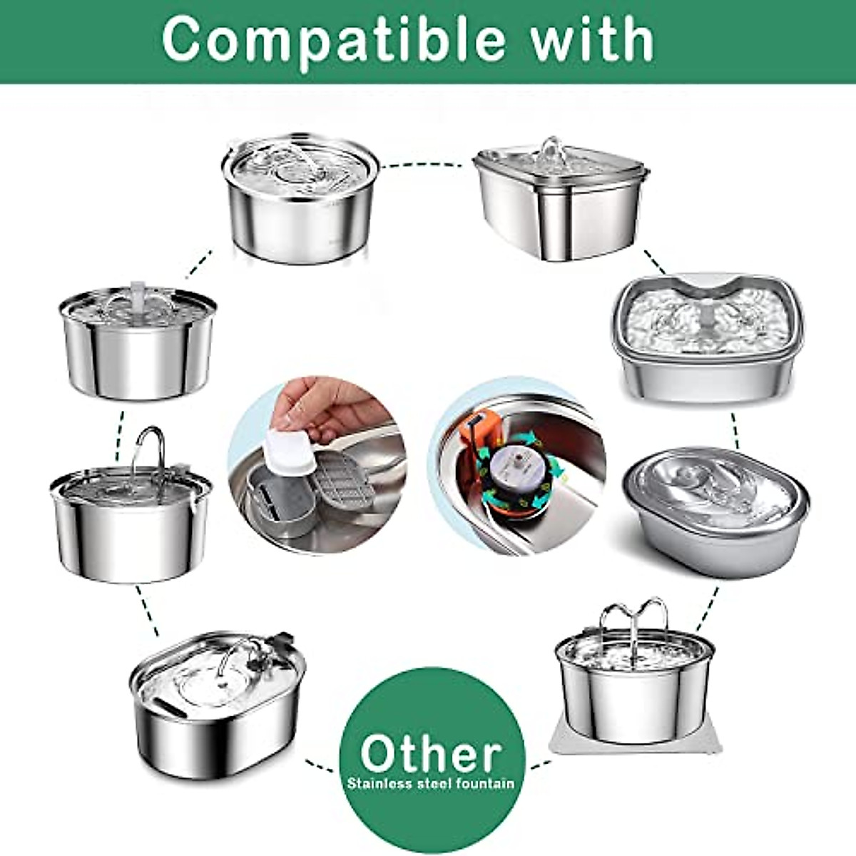 (16pcs) Cat Water Fountain Filters, Replacement Filters for 3.2L/108oz(2L/ 67oz) Stainless Steel Pet Fountain, Dog Water Fountain, 8pcs Carbon Filters + 8pcs Sponges