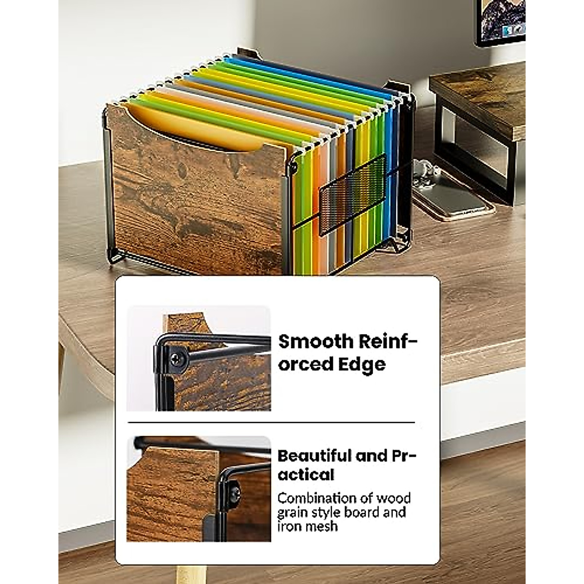 Oterri Hanging file box,Large Hanging File Organizer, Rustic Wood & Metal File Storage Organizer, Letter Size Hanging File Holder, Brown Filing Crate for Office&School (No Folders)