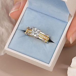 Newshe 1.9CT Sterling Silver Wedding Ring Set for Women Engagement Rings Promise Bridal Anniversary Wedding Band Round Cut 5A CZ Yellow Gold Size 9