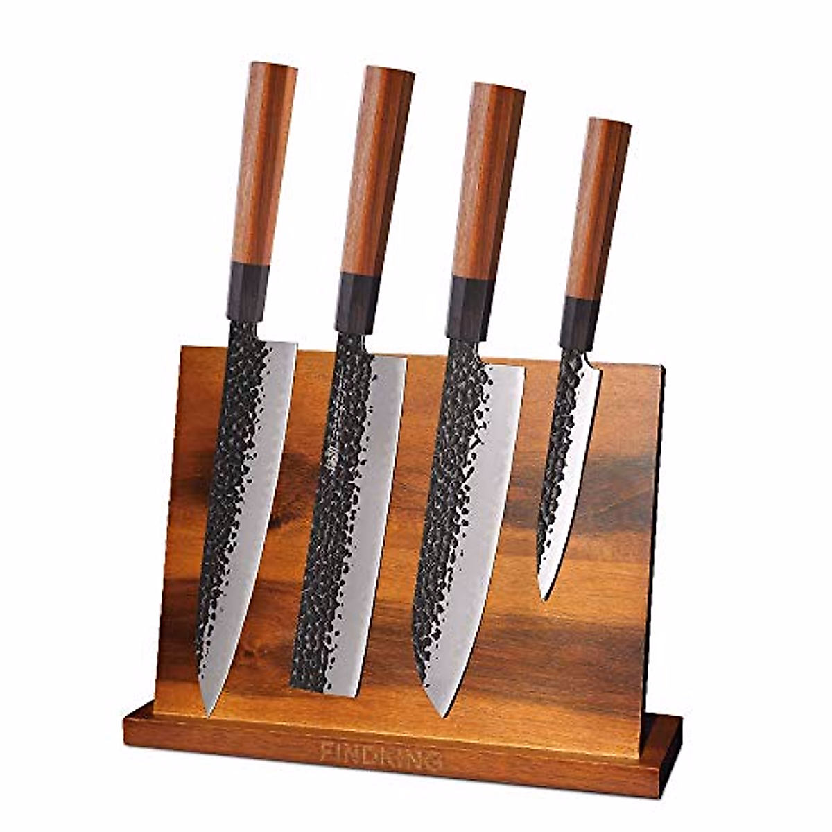 4pcs in one Kitchen Knife Set with Teak Wood Magnetic Knife Block by Findking-Dynasty series-3 layer 9CR18MOV Clad Steel W/Octagon Handle Knife Set