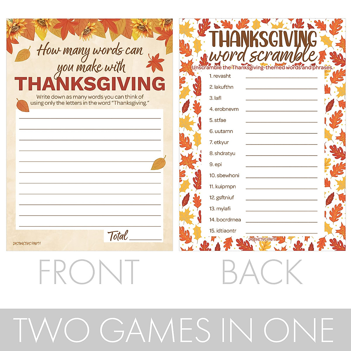 DISTINCTIVS Thanksgiving Party Games, Word Scramble and Thanksigiving Anagram Game (2 Game Bundle) - 25 Dual Sided Cards, Friendsgiving Party Games, Thanksgiving Family Games
