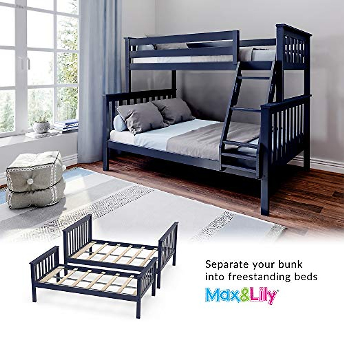 Max & Lily Bunk Bed, Twin-Over-Full Wood Bed Frame For Kids, Blue