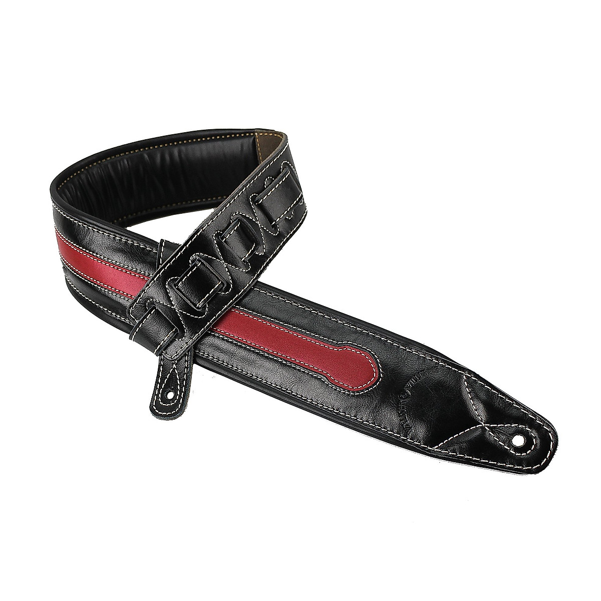 Walker & Williams C-34 Handmade Red and Black Premium Signature Grain Leather Padded Strap 3 1/4" Wide For Acoustic, Electric, And Bass Guitars