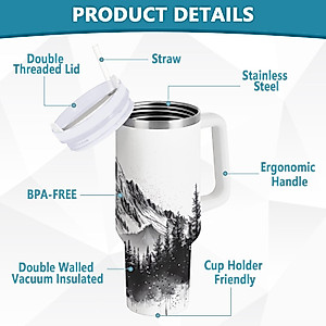 Jihqo Mountain Ink Style 40 oz Stainless Steel Vacuum Insulated Tumbler with Handle and Straw Lid, Leakproof Water Bottle Double Wall Travel Mug Coffee Cup, Cupholder Friendly