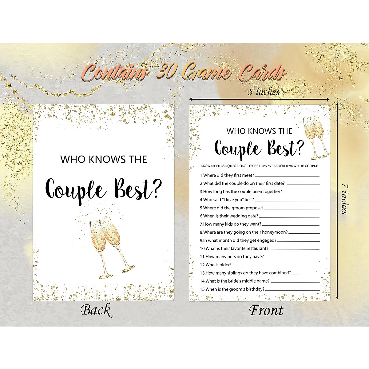 Who Knows The Couple Best Bridal Shower Game, Wedding Shower and Bachelorette Party - Set of 30 Cards, Gold Champagne Bridal Wedding Party Game Cards for Guests, Bridal Shower Party Decorations-LM1